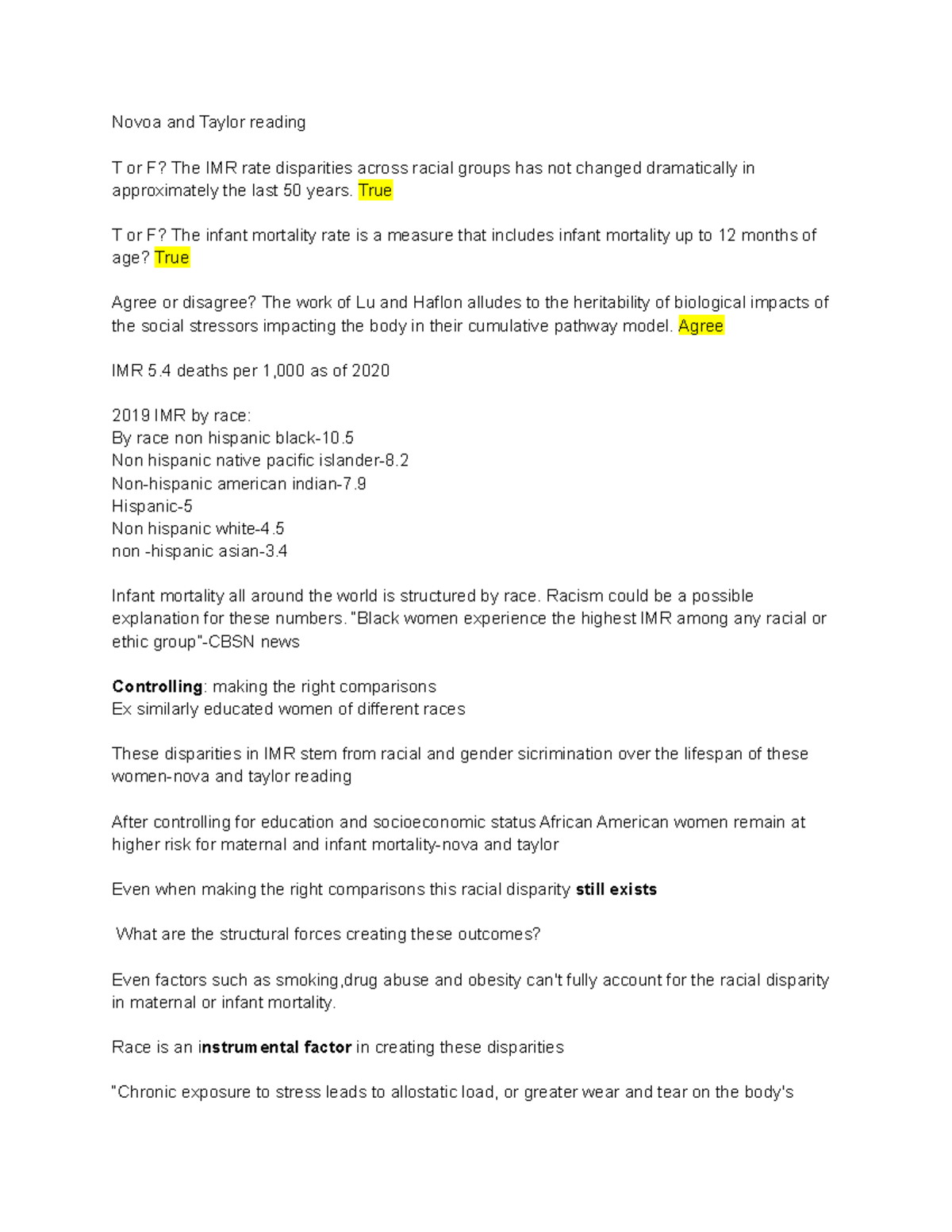 Lecture 9-9 notes - Novoa and Taylor reading T or F? The IMR rate ...