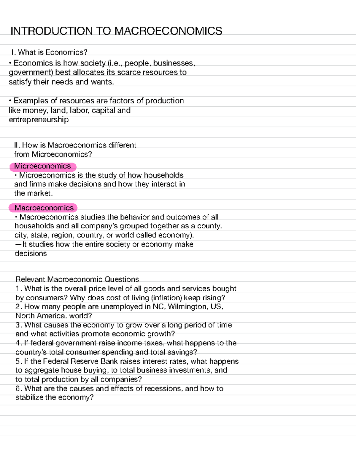 ECN 222 Notes 1 - INTRODUCTION TO MACROECONOMICS I. What is Economics ...