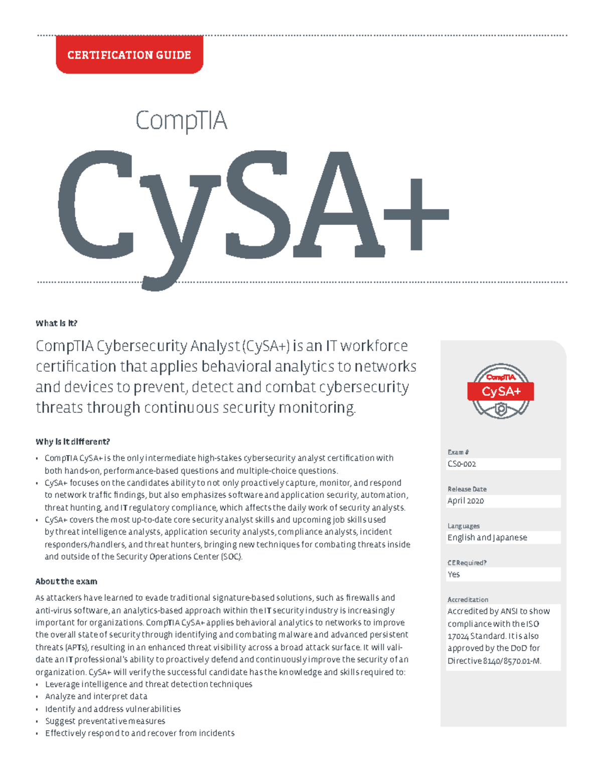 07549 Cy SA+ 002 Product Guide - No Price Online - CompTIA CySA+ What ...