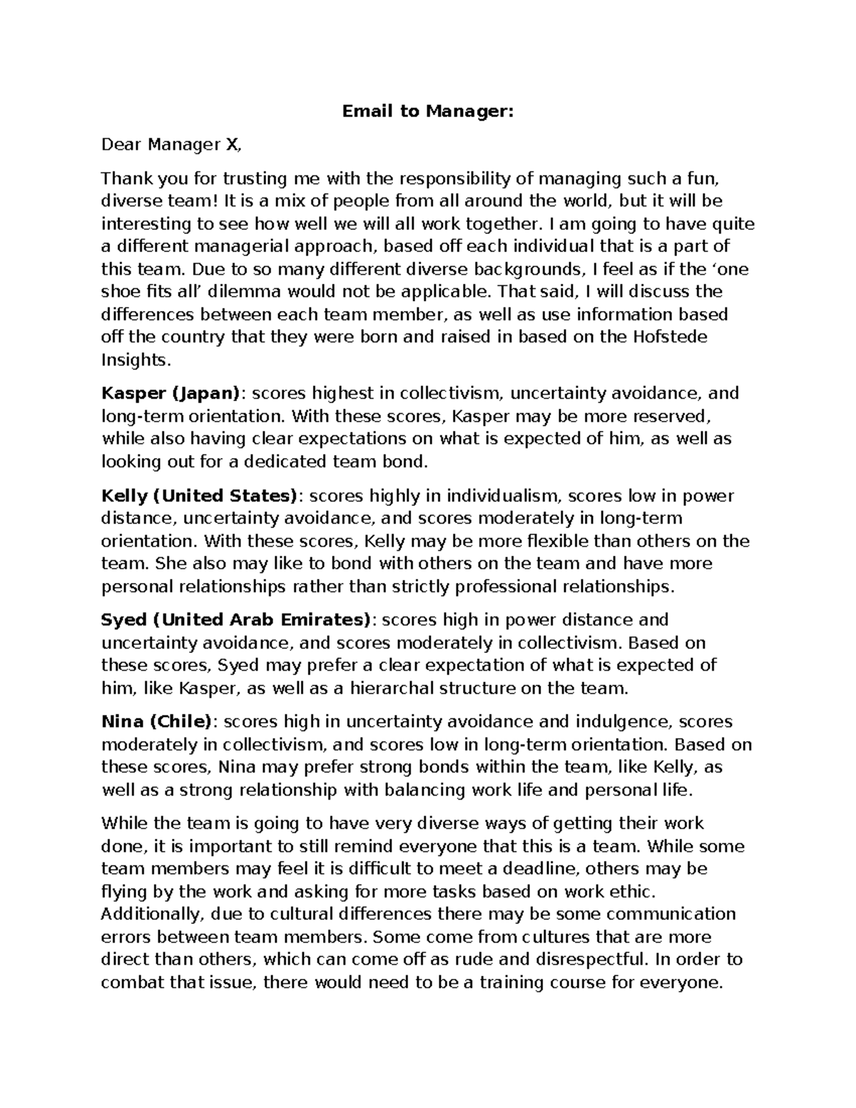 Team Expectations INT 220 - Email to Manager: Dear Manager X, Thank you ...