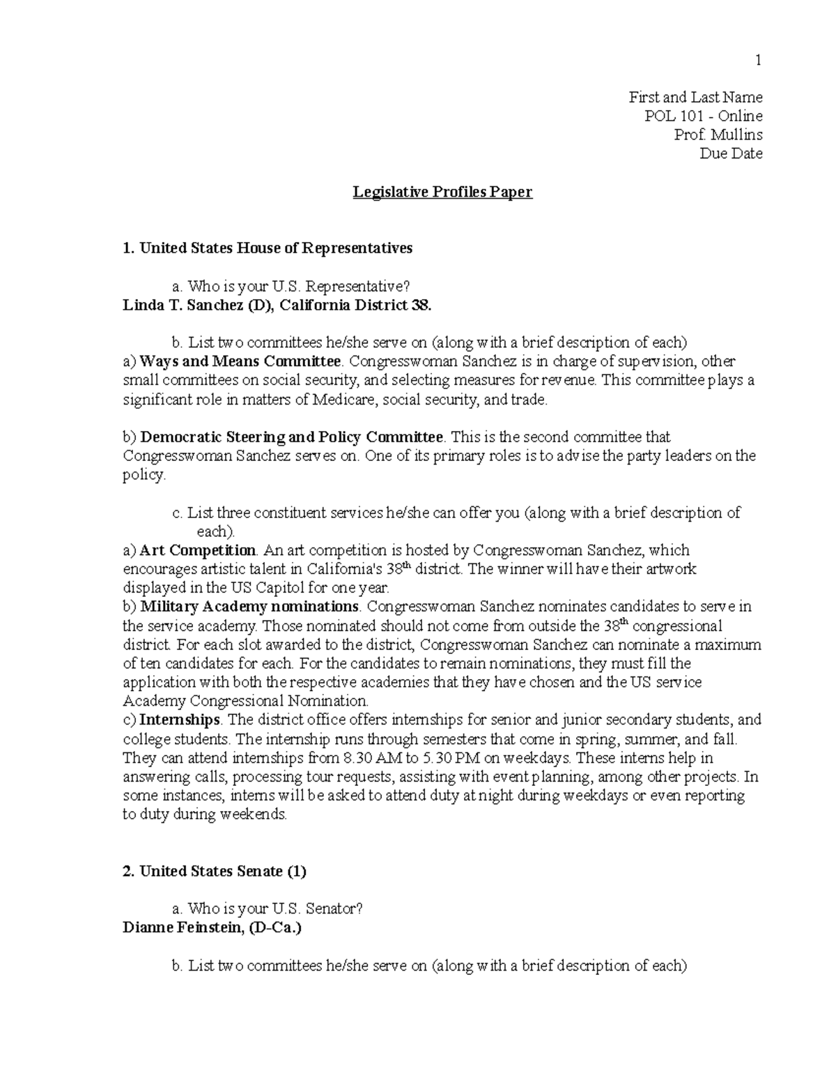 Legislative Profiles Paper - 1 First and Last Name POL 101 - Online ...