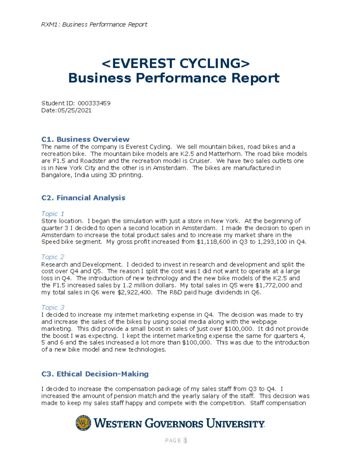 Business Performance Report - RXM1: Business Performance Report ...