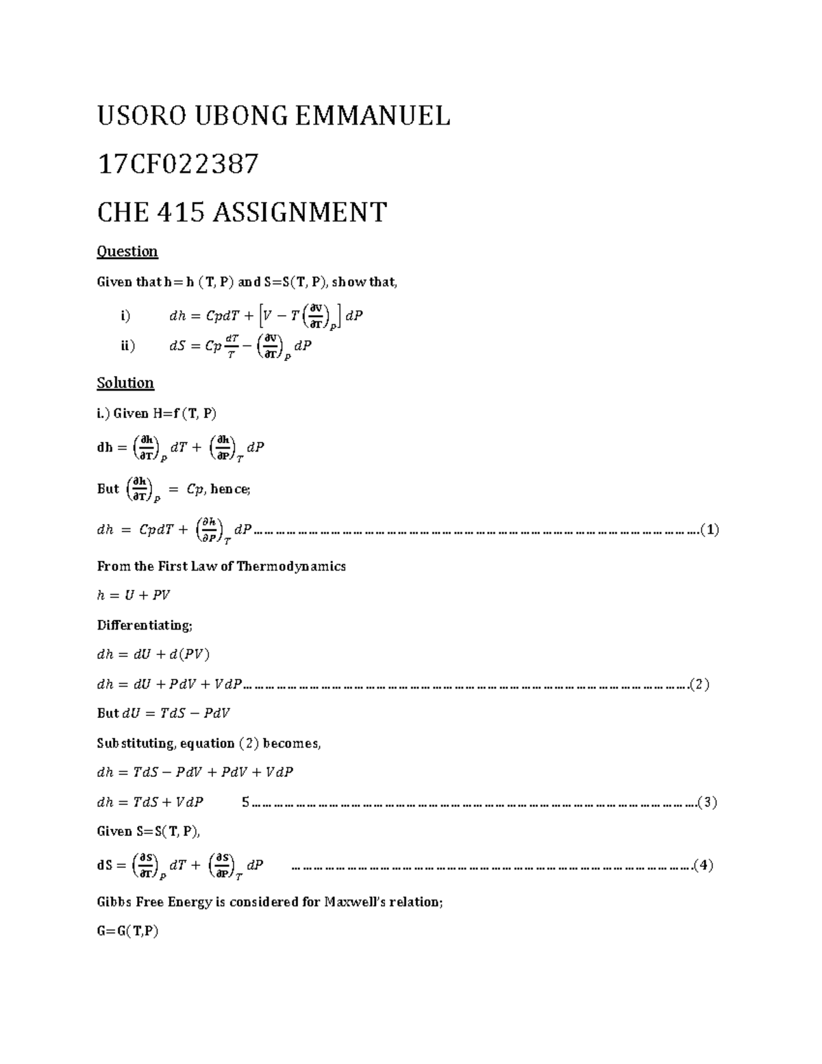 Usoro Ubong Emmanuel 17CF022387 CHE 415 Assignment - USORO UBONG EMMANUEL 17CF CHE 415 ...