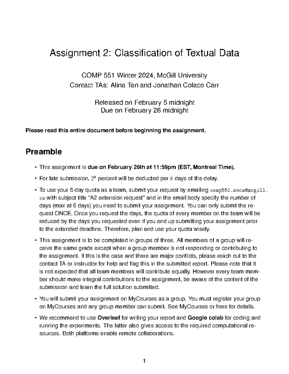 COMP 551 Winter 2024 Assignment 2 - Assignment 2: Classification of Textual Data COMP 551 Winter ...