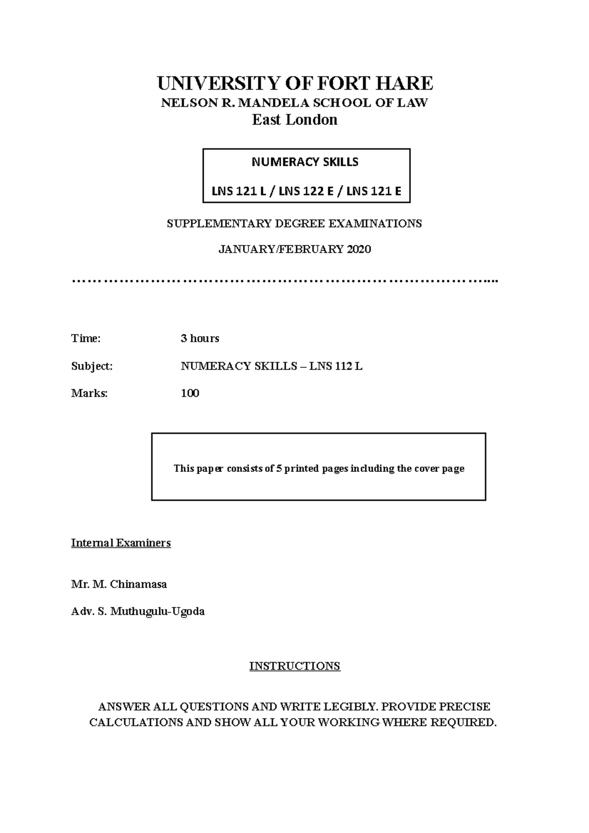 Supplementary EXAM Paper - UNIVERSITY OF FORT HARE NELSON R. MANDELA ...
