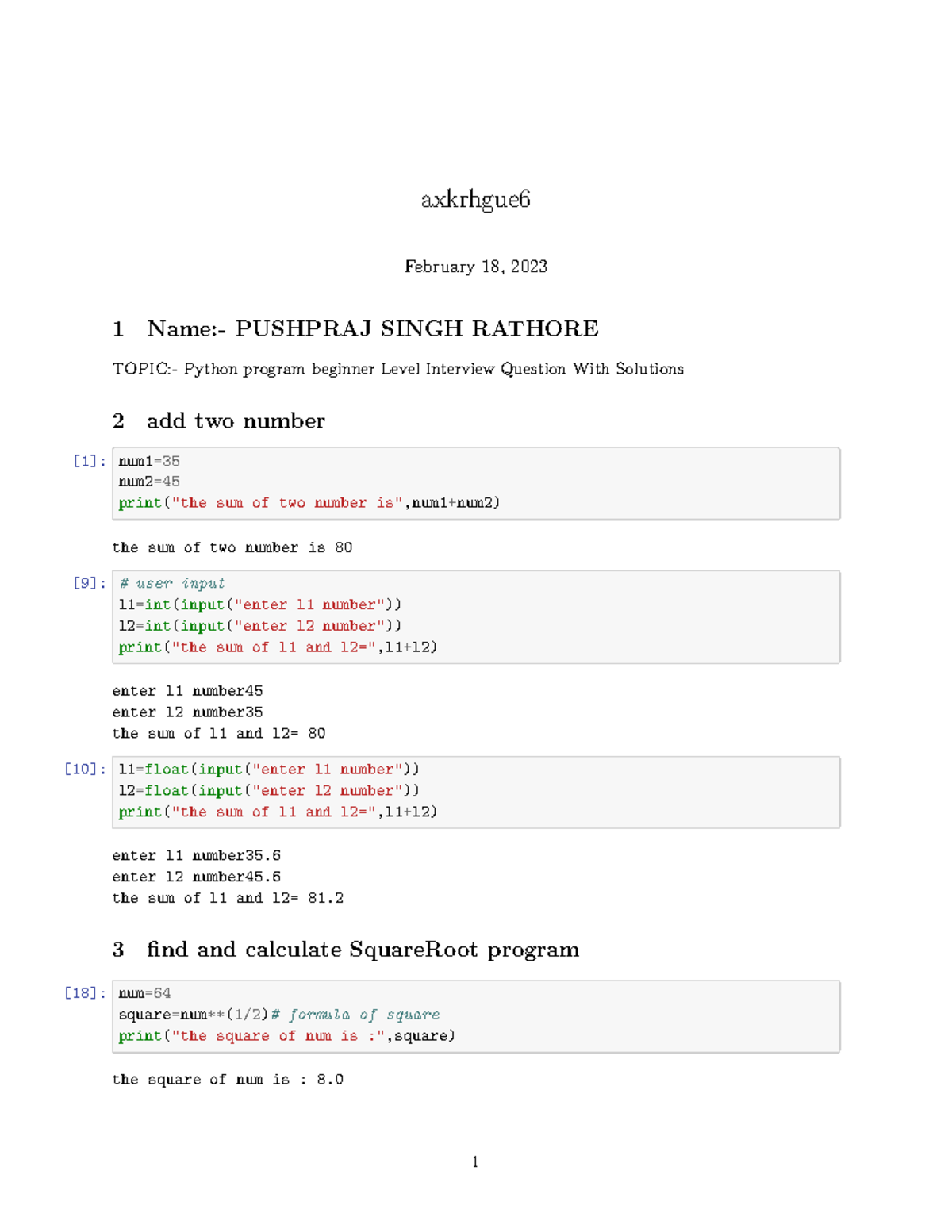 Python Interview Questions Axkrhgue February 18 2023 1 Name Pushpraj Singh Rathore Topic