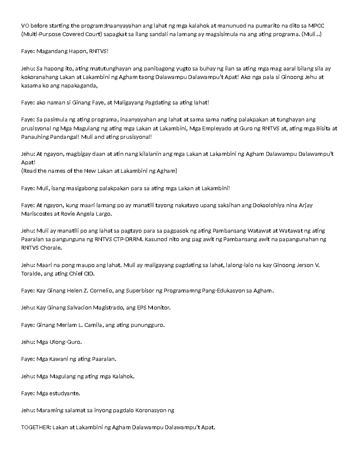 Spiels in Lakan at Lakambini ng Agham - VO before starting the program:Inaanyayahan ang lahat ng ...