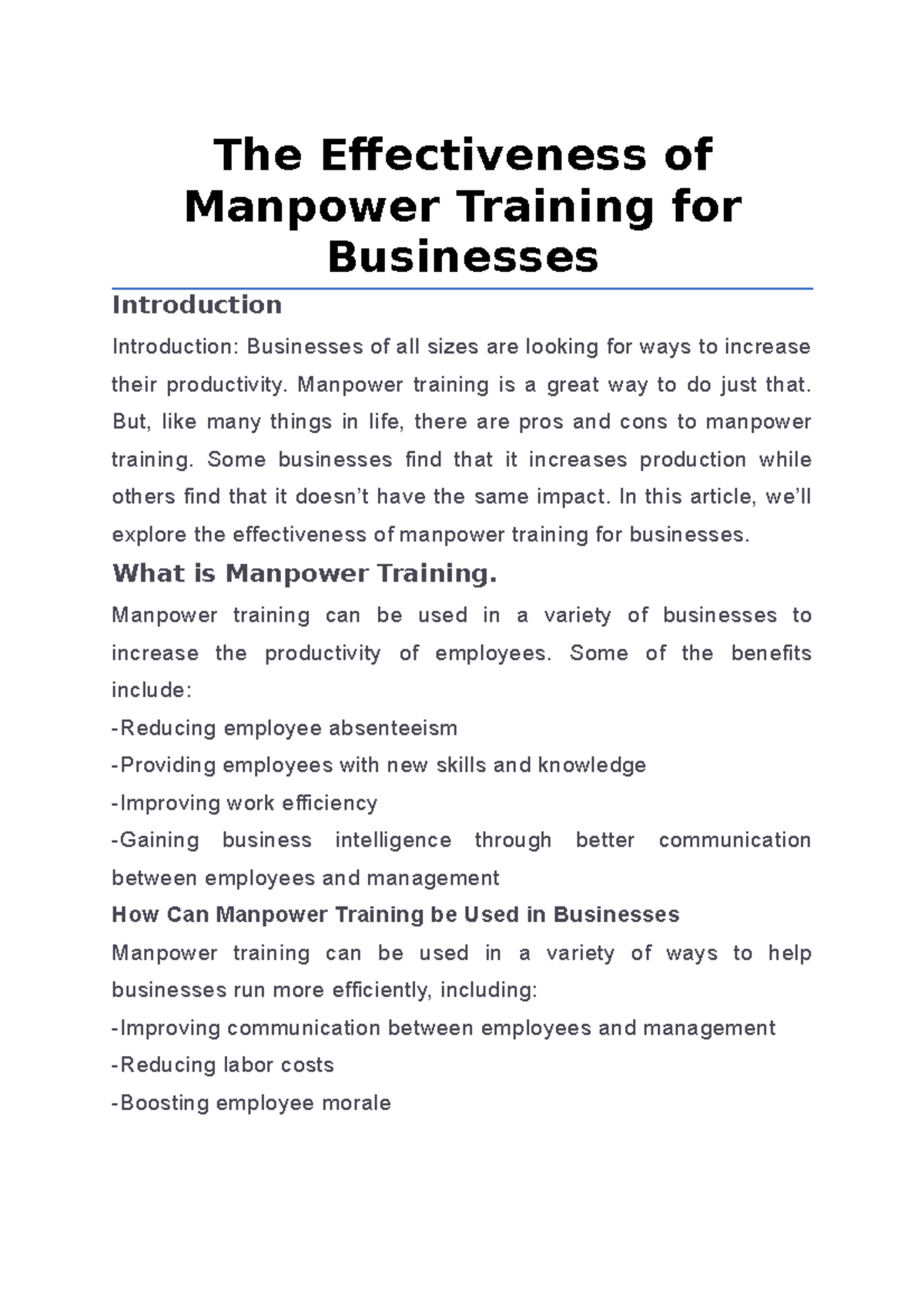 The Effectiveness of Manpower Training for Businesses - The ...
