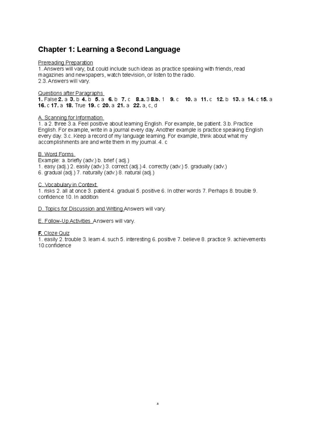 영어 교재 답 - 영어 - Chapter 1: Learning a Second Language Prereading ...