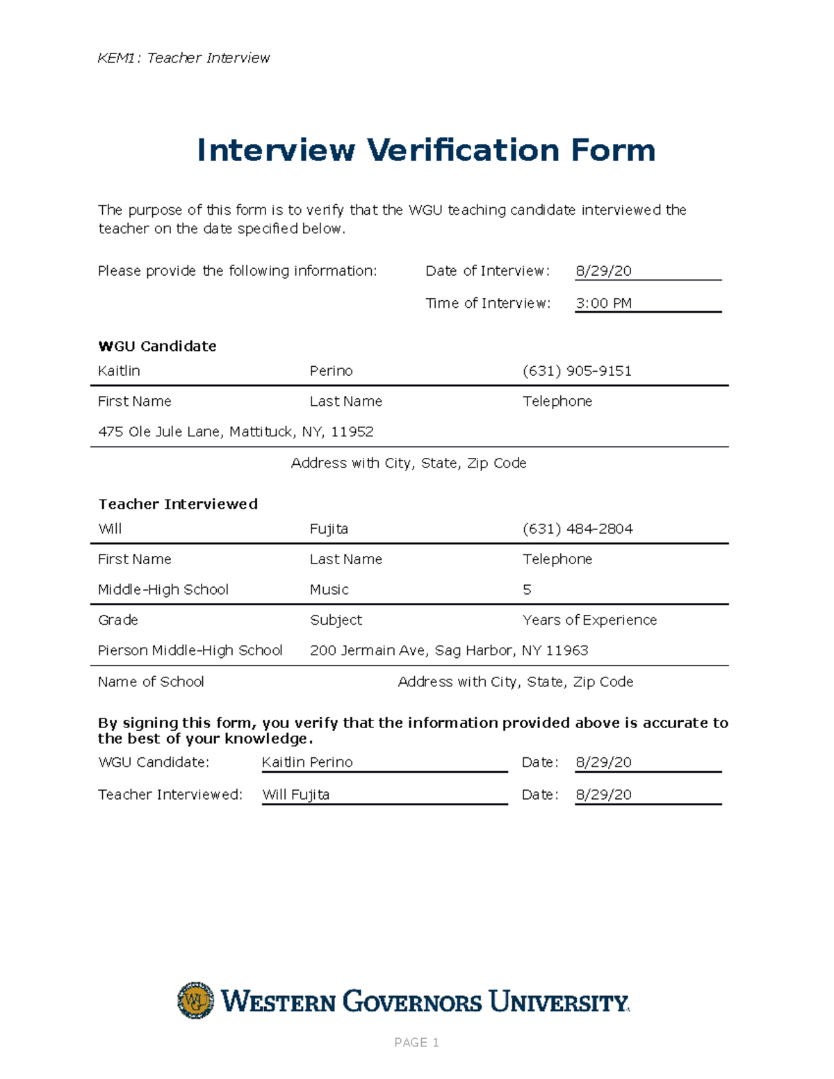 Interview Verification Form - KEM1: Teacher Interview Interview ...