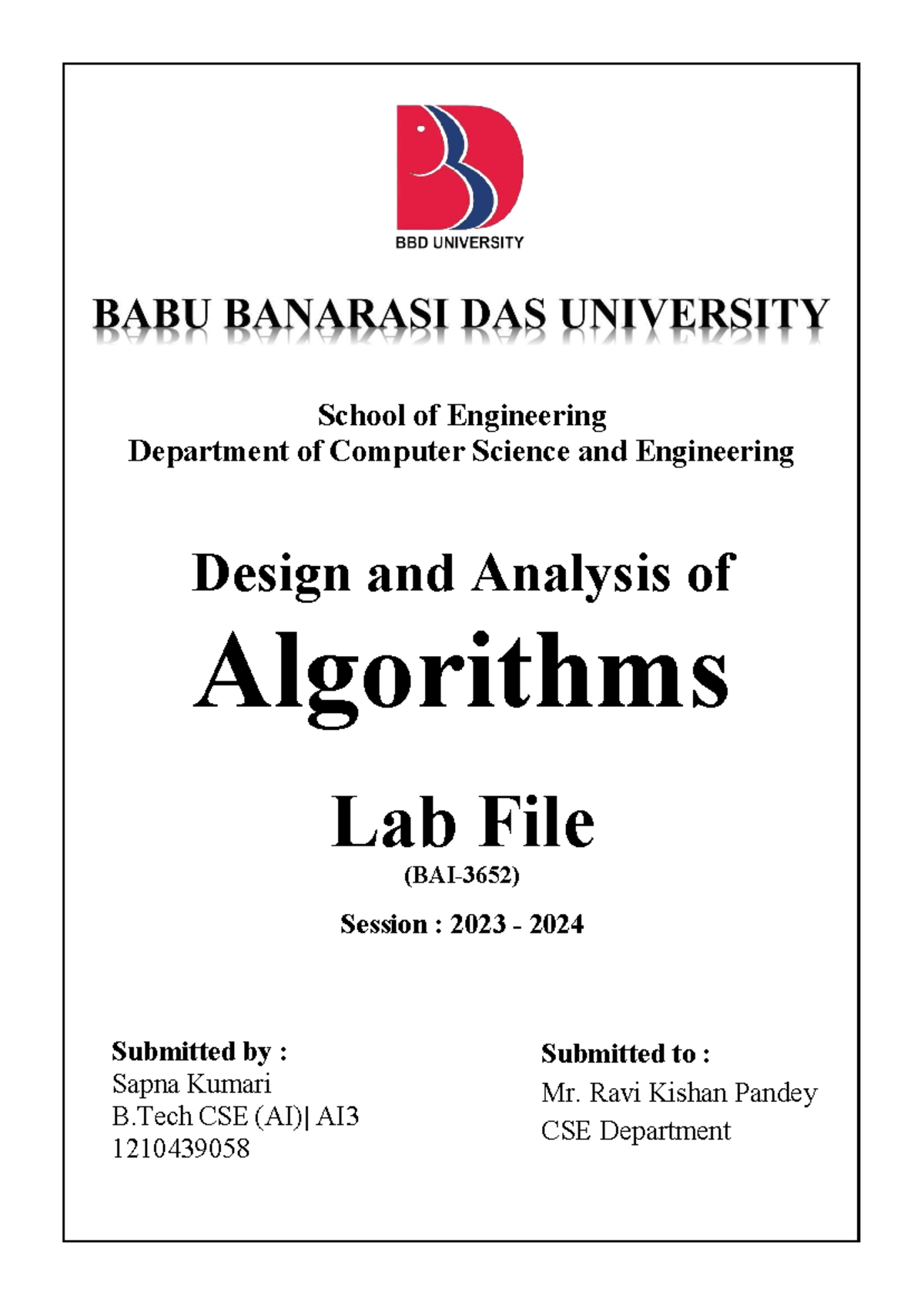DAALab Intro SK - B. Tech - School of Engineering Department of Computer Science and Engineering ...