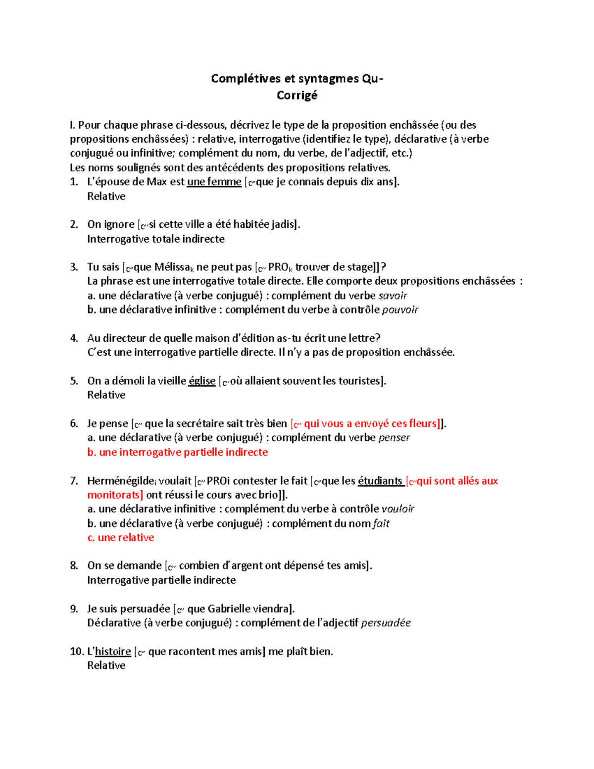 Complétives et syntagmes Qu corrigé - Complétives et syntagmes Qu ...