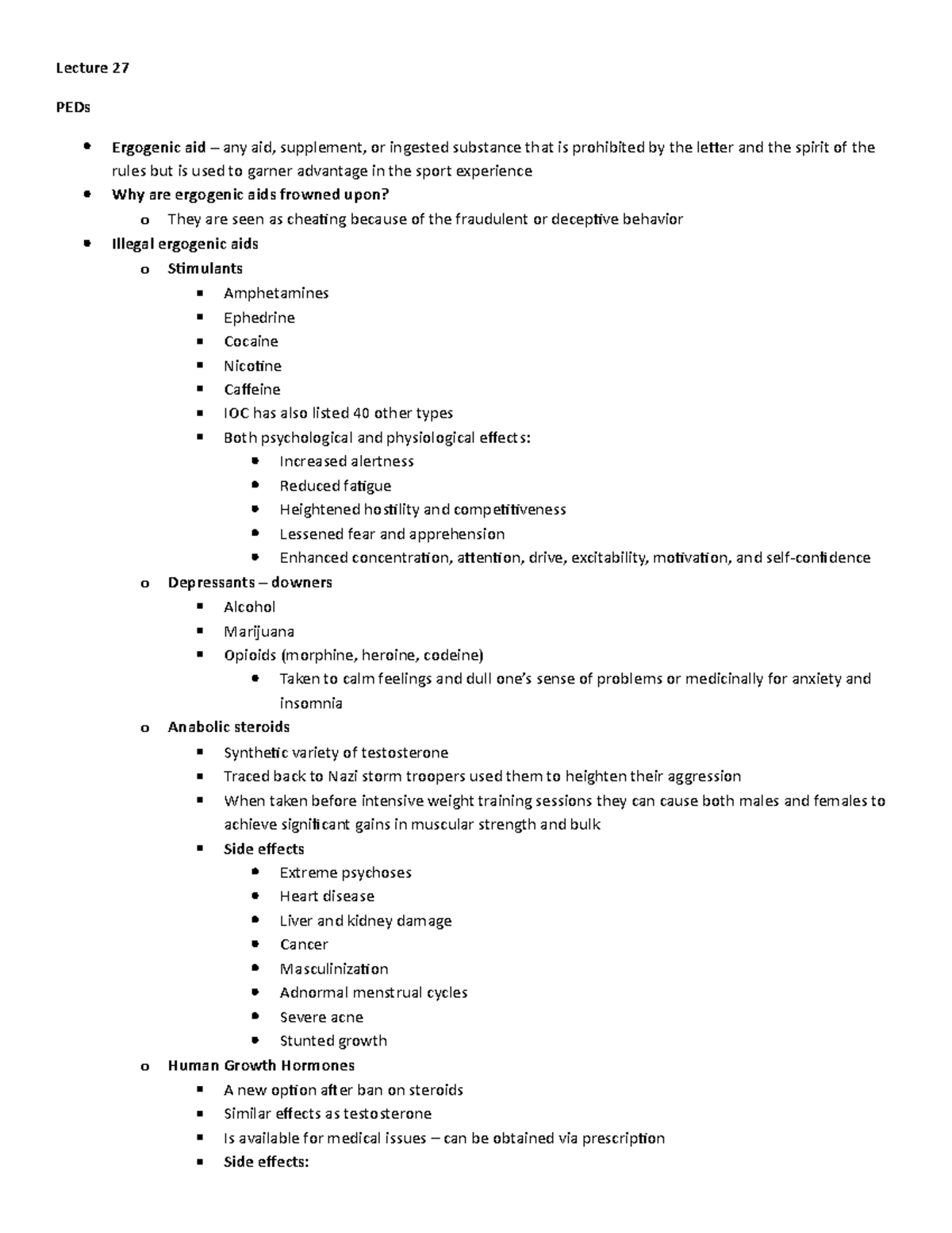 KINS 3415 Final Exam Notes - Lecture 27 PEDs Ergogenic aid – any aid ...