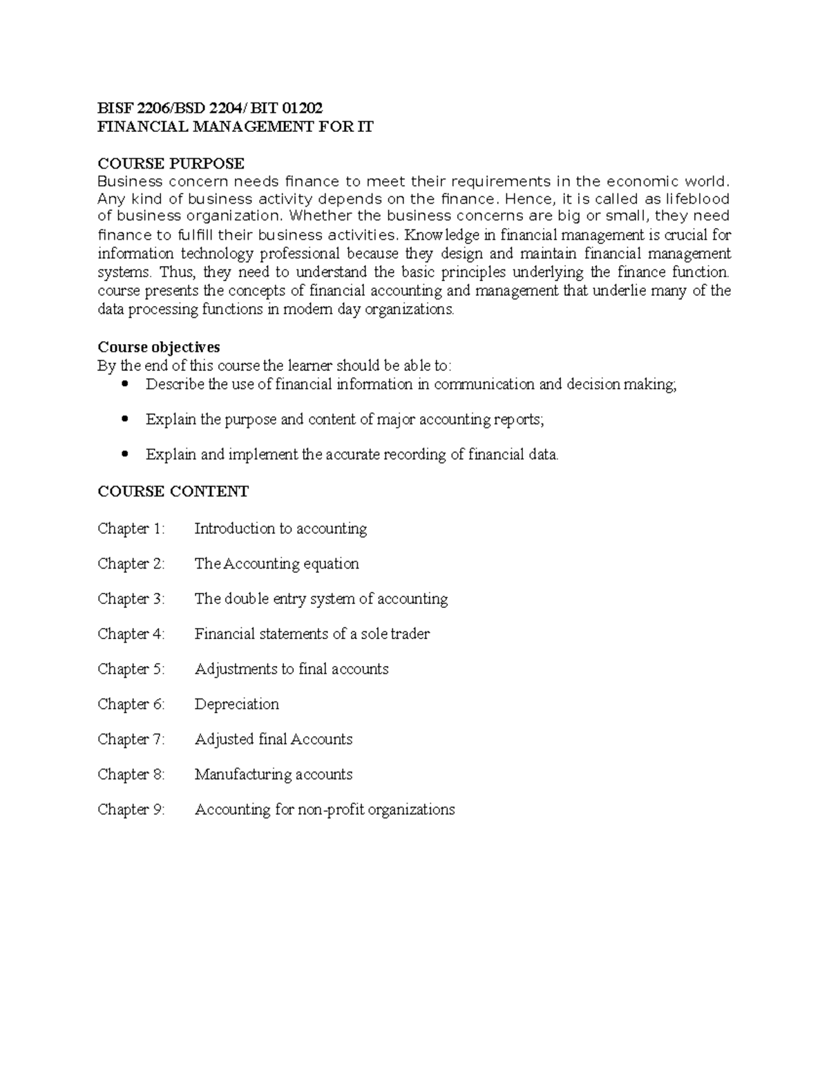 Financial Management FOR IT - BISF 2206/BSD 2204/ BIT 01202 FINANCIAL ...