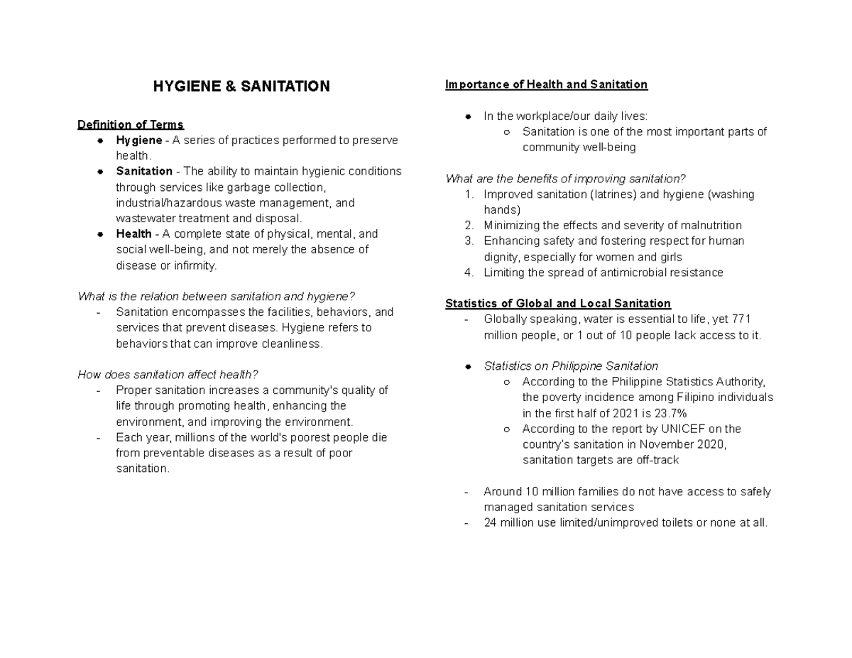 Hygiene and Sanitation - HYGIENE & SANITATION Definition of Terms ...
