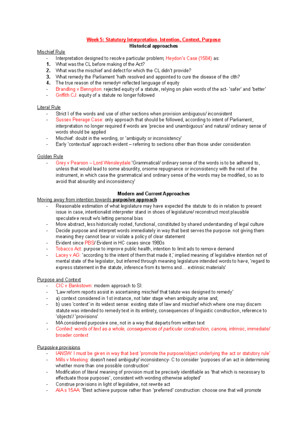 Week 5 12 Lecture Notes 5 12 Week 5 Statutory Interpretation Intention Context Purpose