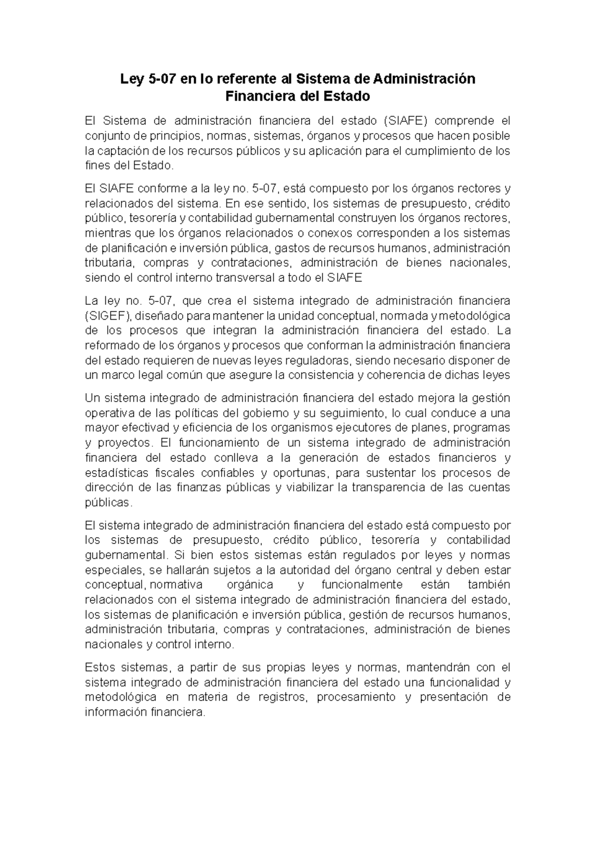 Ley 5-07 en lo referente al Sistema de Administración Financiera del ...