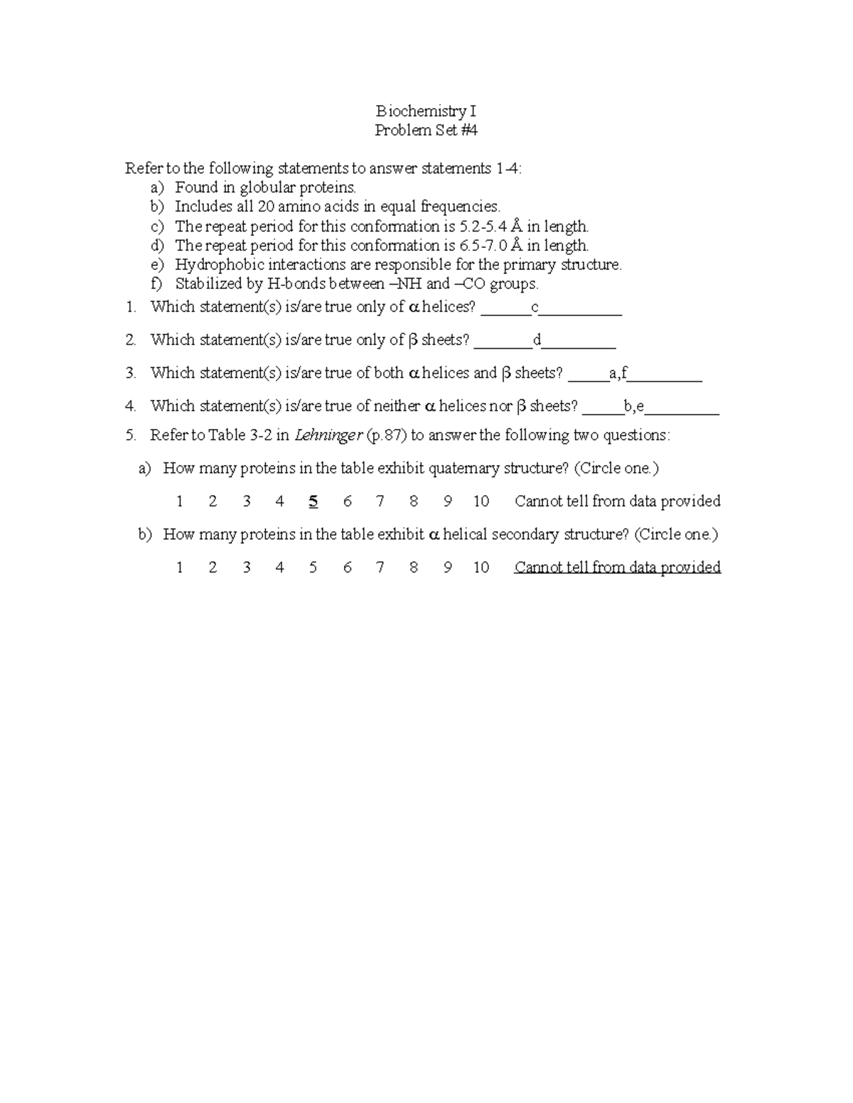 Biochem I Problem Set 4 with Ans - Biochemistry I Problem Set # Refer ...
