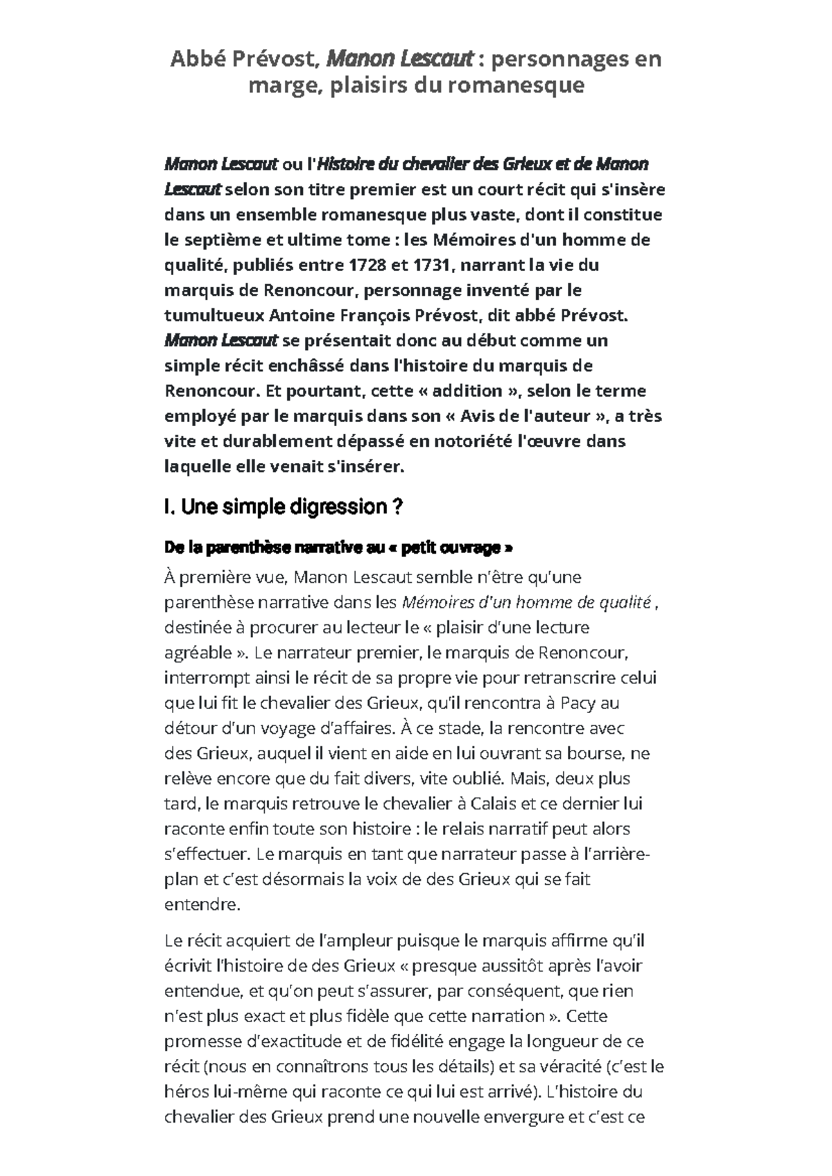 Abbé Prévost, Manon Lescaut personnages en marge, plaisirs du romanesque - Assistance scolaire ...