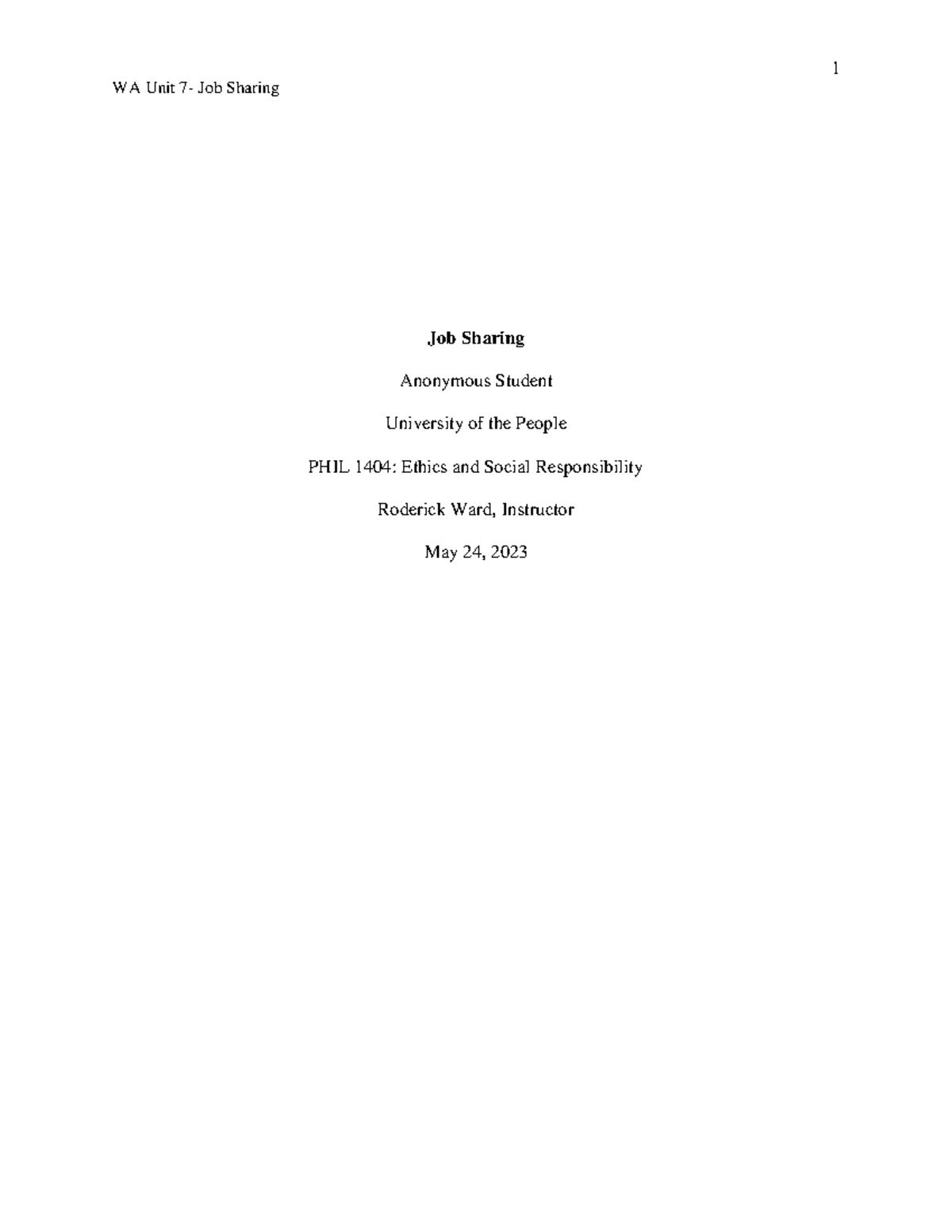 WA Unit 7- Job Sharing - Job Sharing Anonymous Student University of ...