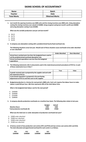 MA1-specimen exam-Questions - FOUNDATIONS IN ACCOUNTANCY Management ...