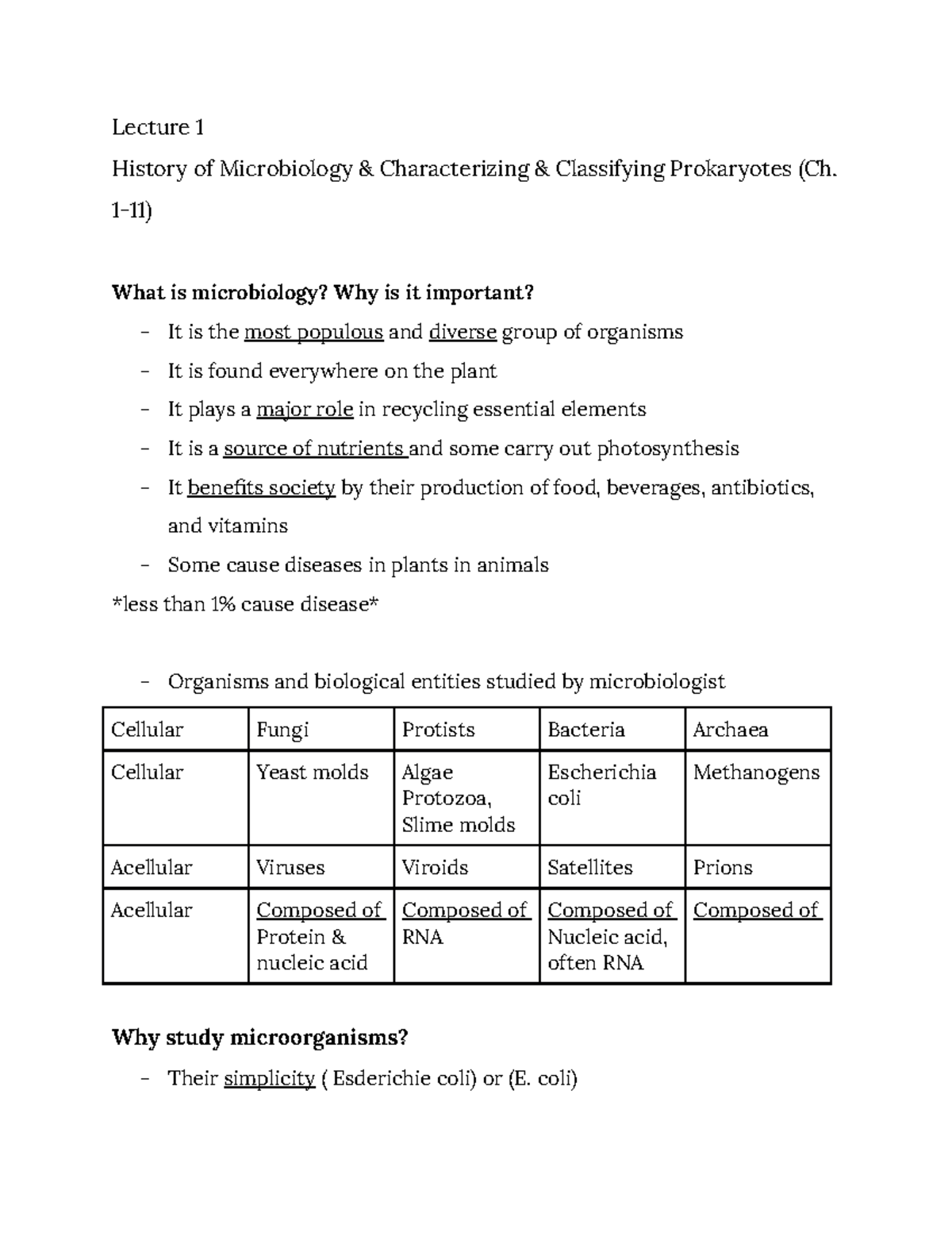 Microbolgy Lecture 1 - Refer to the Microbiology book for tables and ...