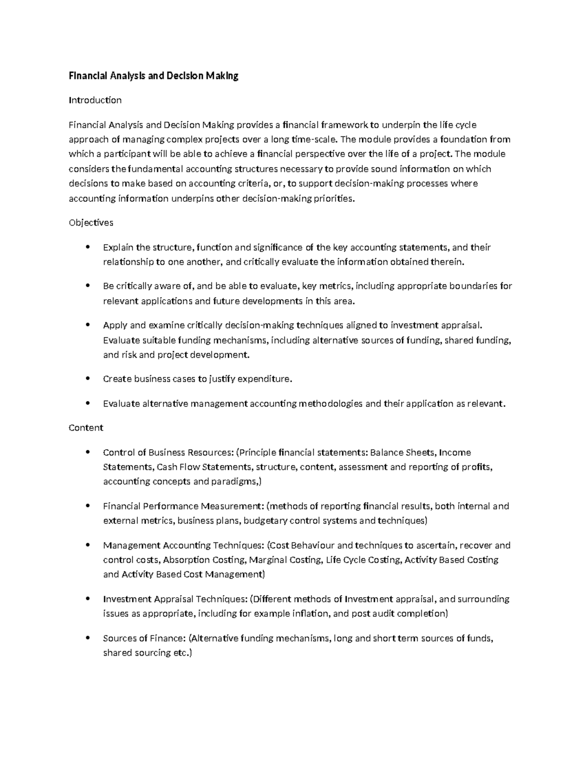 269806709 Financial Analysis and Decision Making Outline - Financial ...