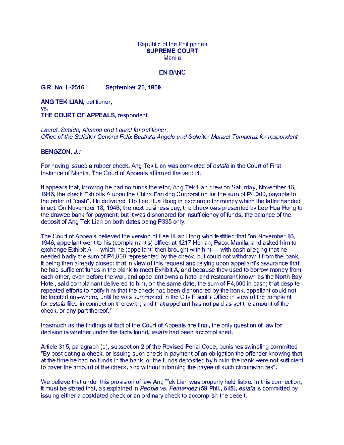 Ang Tek Lian v. Court of Appeals [1950] negotiable instrument ...