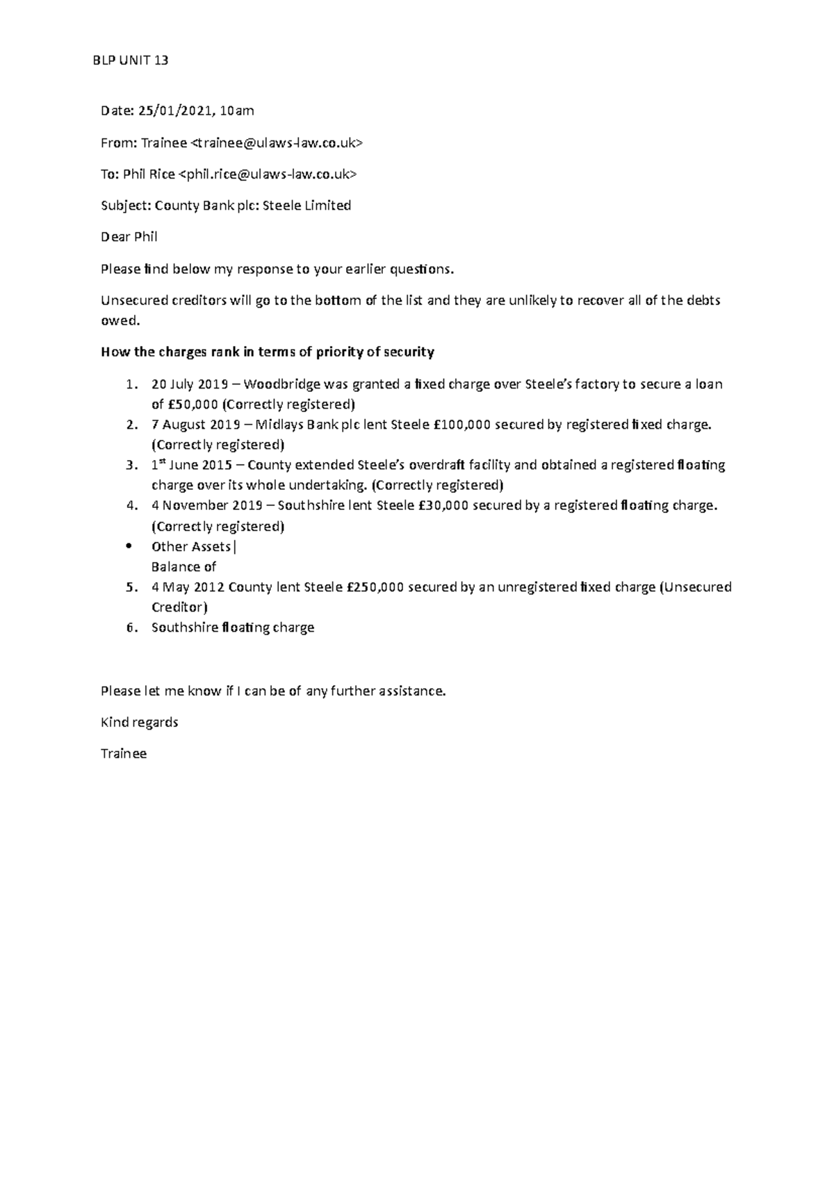 Corporate Insolvency II (Unit 13) Workshop task 1 - BLP UNIT 13 Date ...