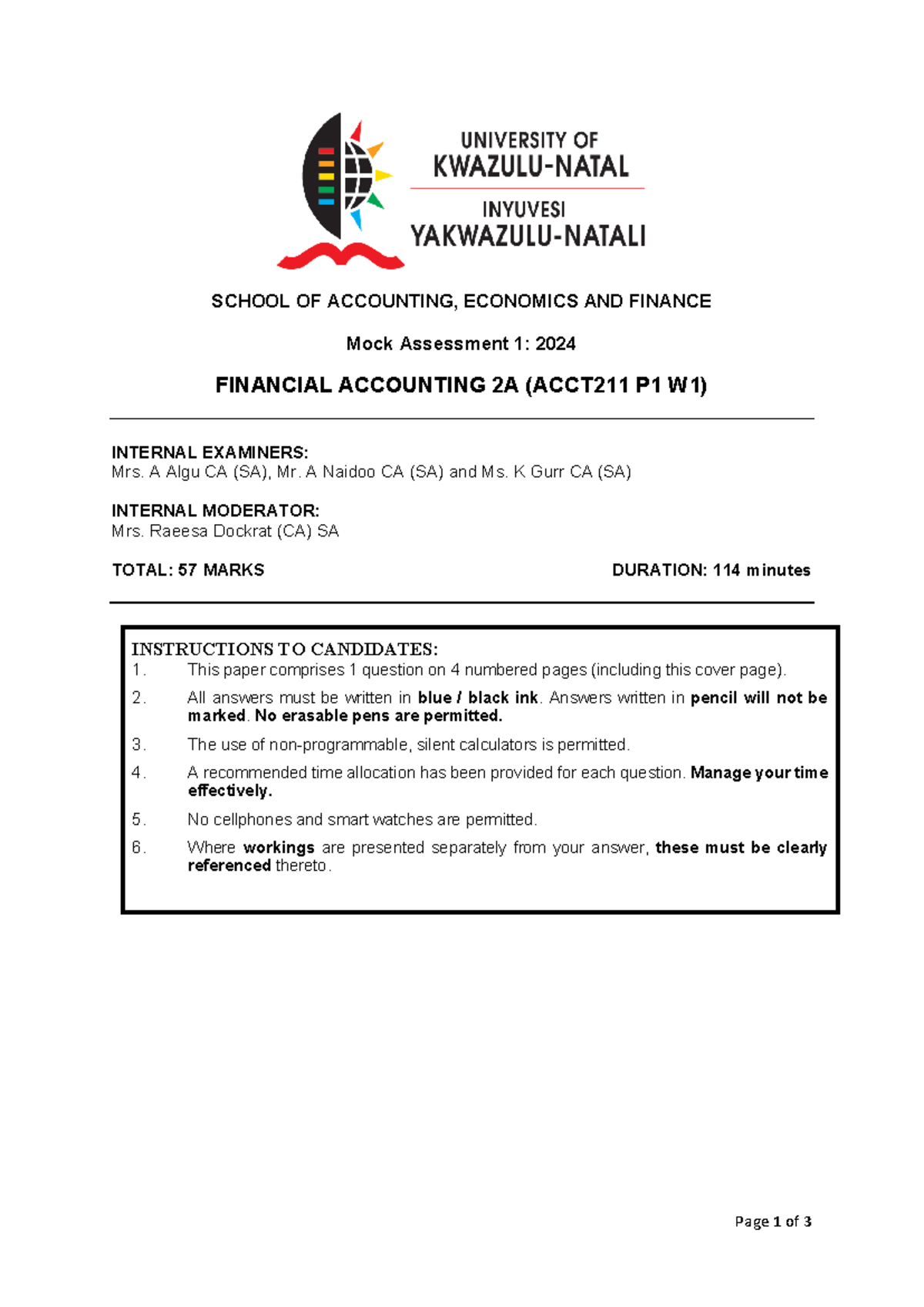 Mock Assessment 1 - Mock Assignment 2019 Exam - Page 1 of 3 SCHOOL OF ...