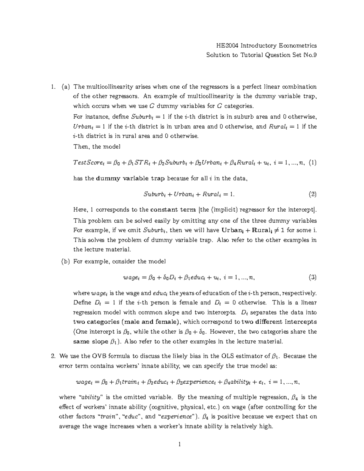 HE2004 2020 Solution Question 9 - HE2004 Introductory Econometrics Solution to Tutorial Question ...