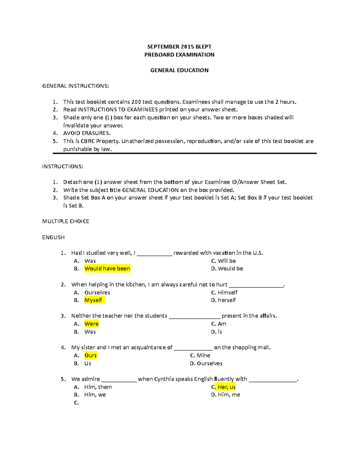 Preboard Answer Key Gen Ed Sep - SEPTEMBER 2015 BLEPT PREBOARD ...