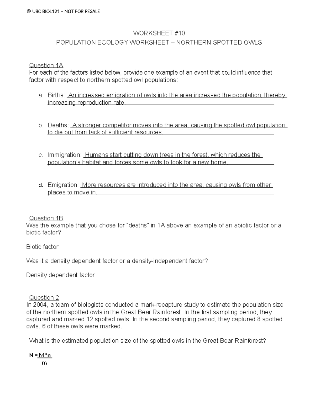 Worksheet #10 Population Ecology Worksheet - Spotted Owls - © UBC ...