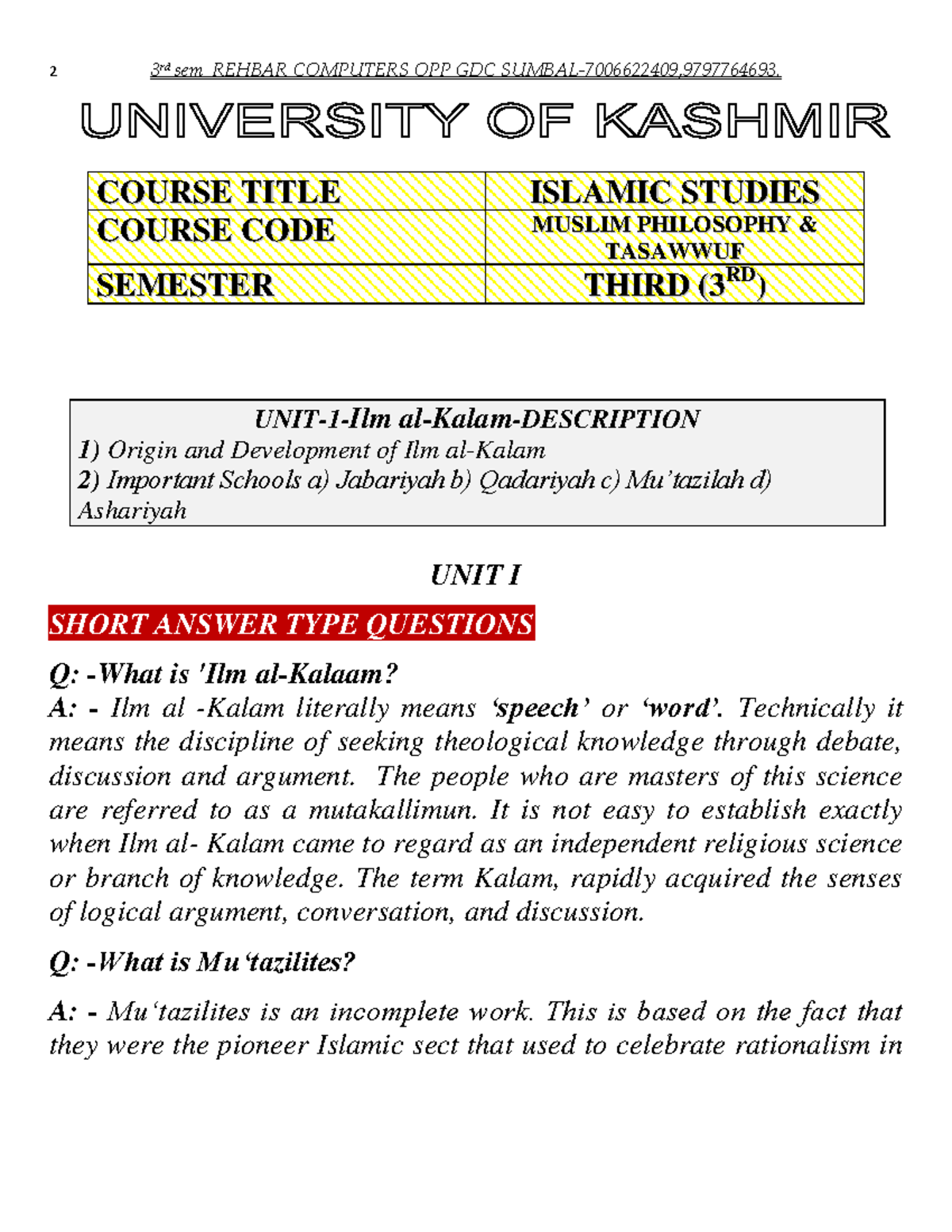 IS 3rd sem1 - BG 3rd semester Islamic Studies - UNIT-1-Ilm al-Kalam ...