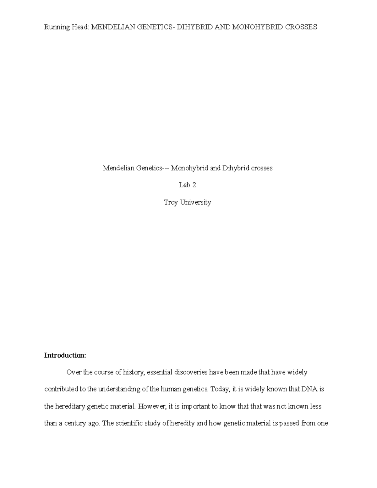 Genetics LAB 5 - lab report - Running Head: MENDELIAN GENETICS ...