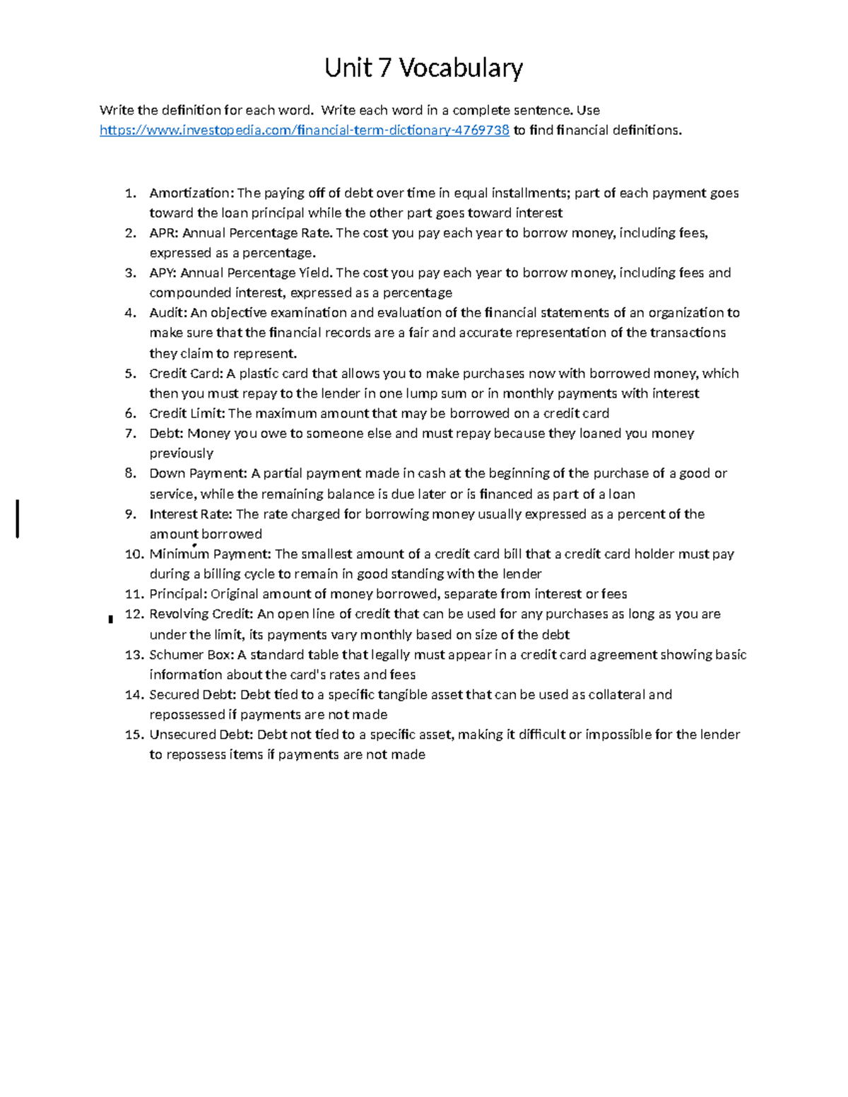 Unit 7 Vocabulary List - cac - Unit 7 Vocabulary Write the definition for each word. Write each ...