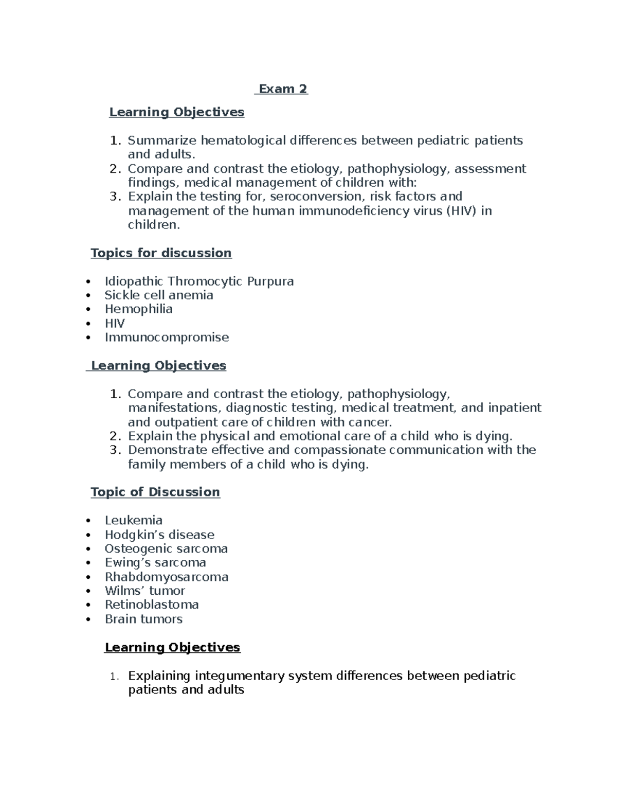 Peds Exam 2 learning objectives - Exam 2 Learning Objectives 1 ...