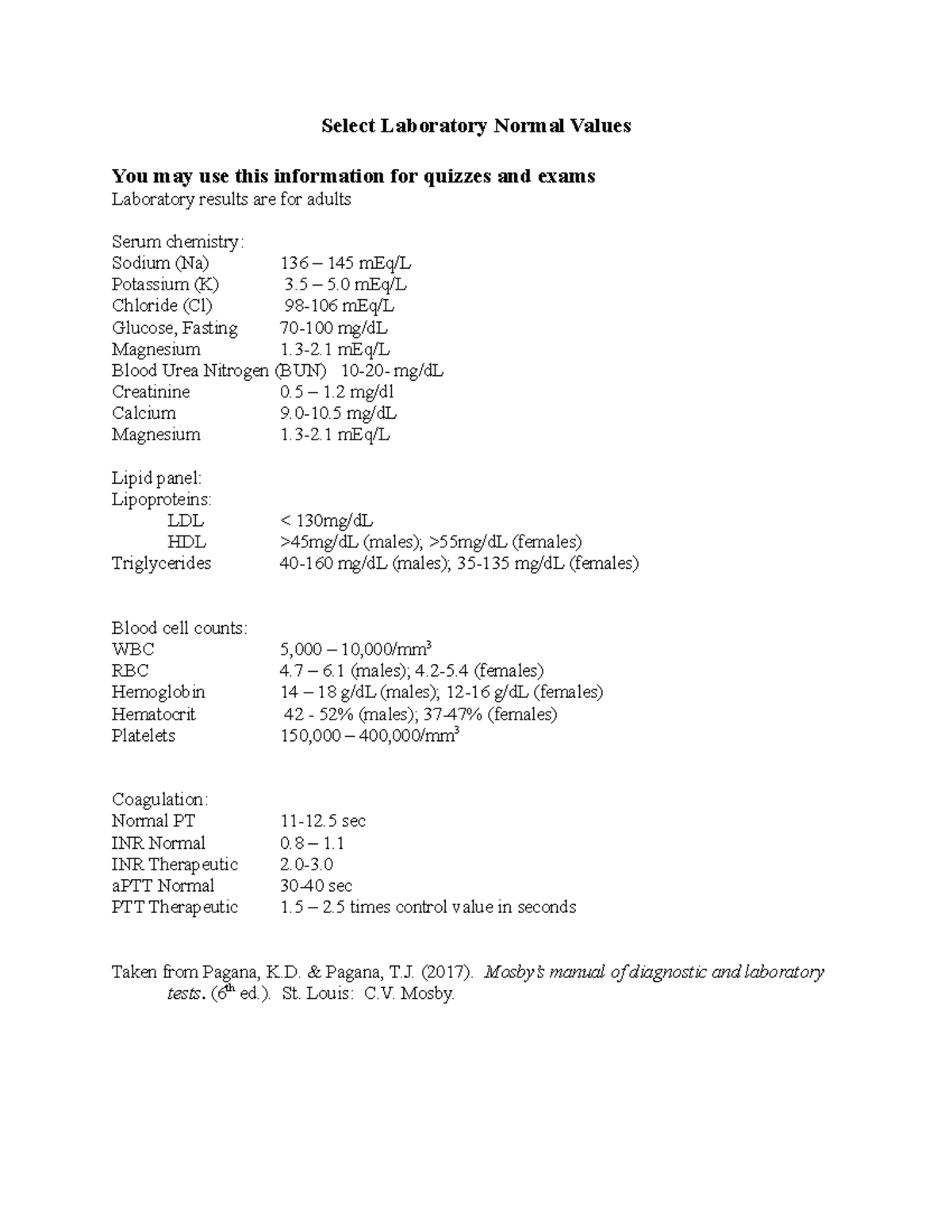 Lab values - Select Laboratory Normal Values You may use this ...