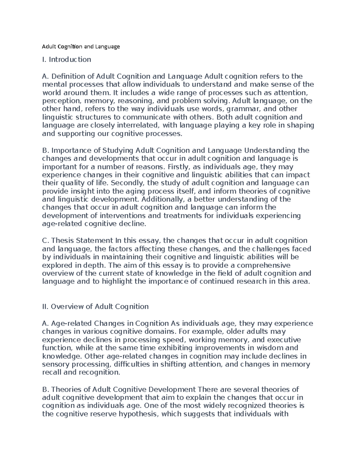 Adult Cognition and Language - Introduction A. Definition of Adult ...