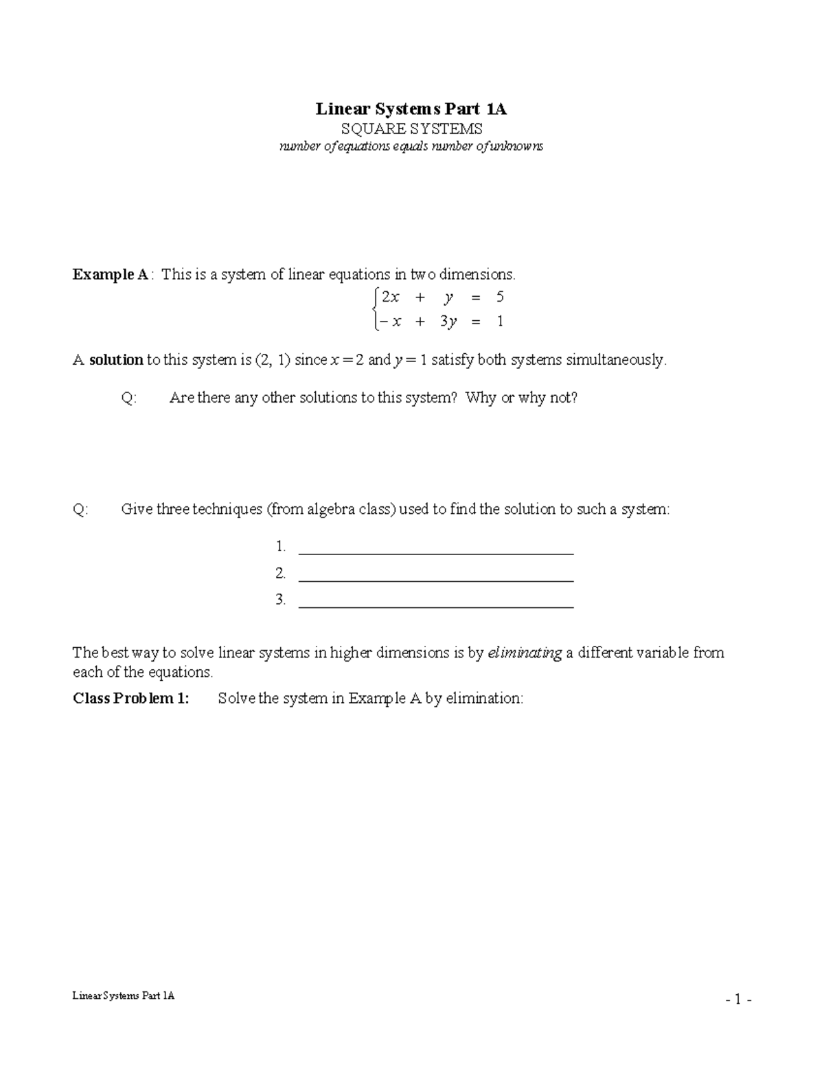 1 Linear Systems 1A - Linear Systems Part 1A - 1 - Linear Systems Part ...
