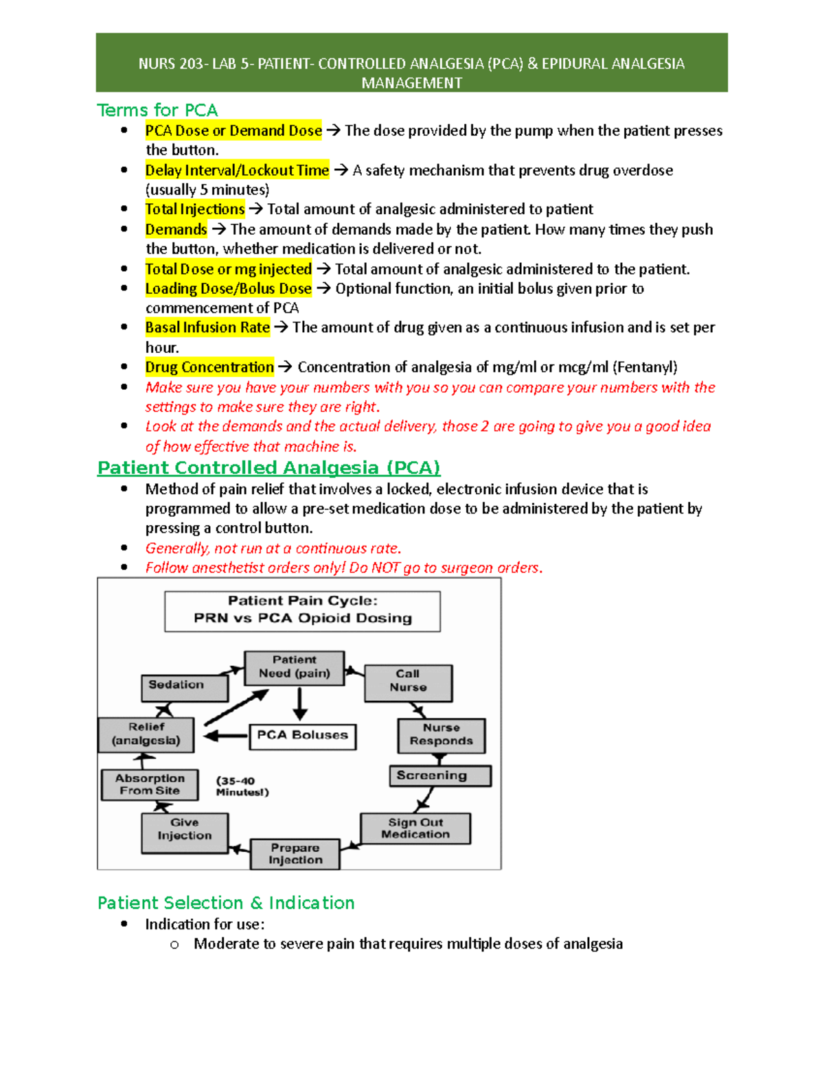 Lab 5- PCA & Epidural Analgesia Management - MANAGEMENT Terms for PCA ...