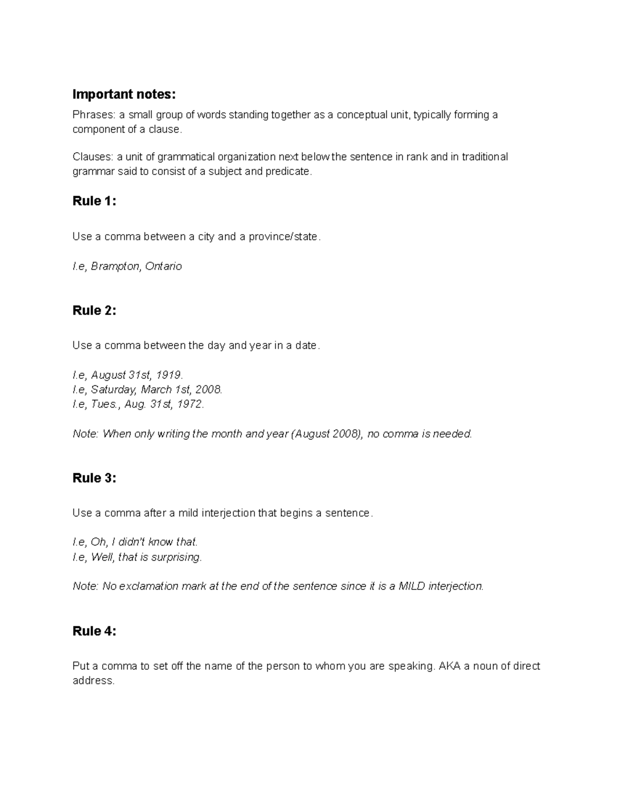 Comma Rules - ENGLISH IB - Important notes: Phrases:component of a ...