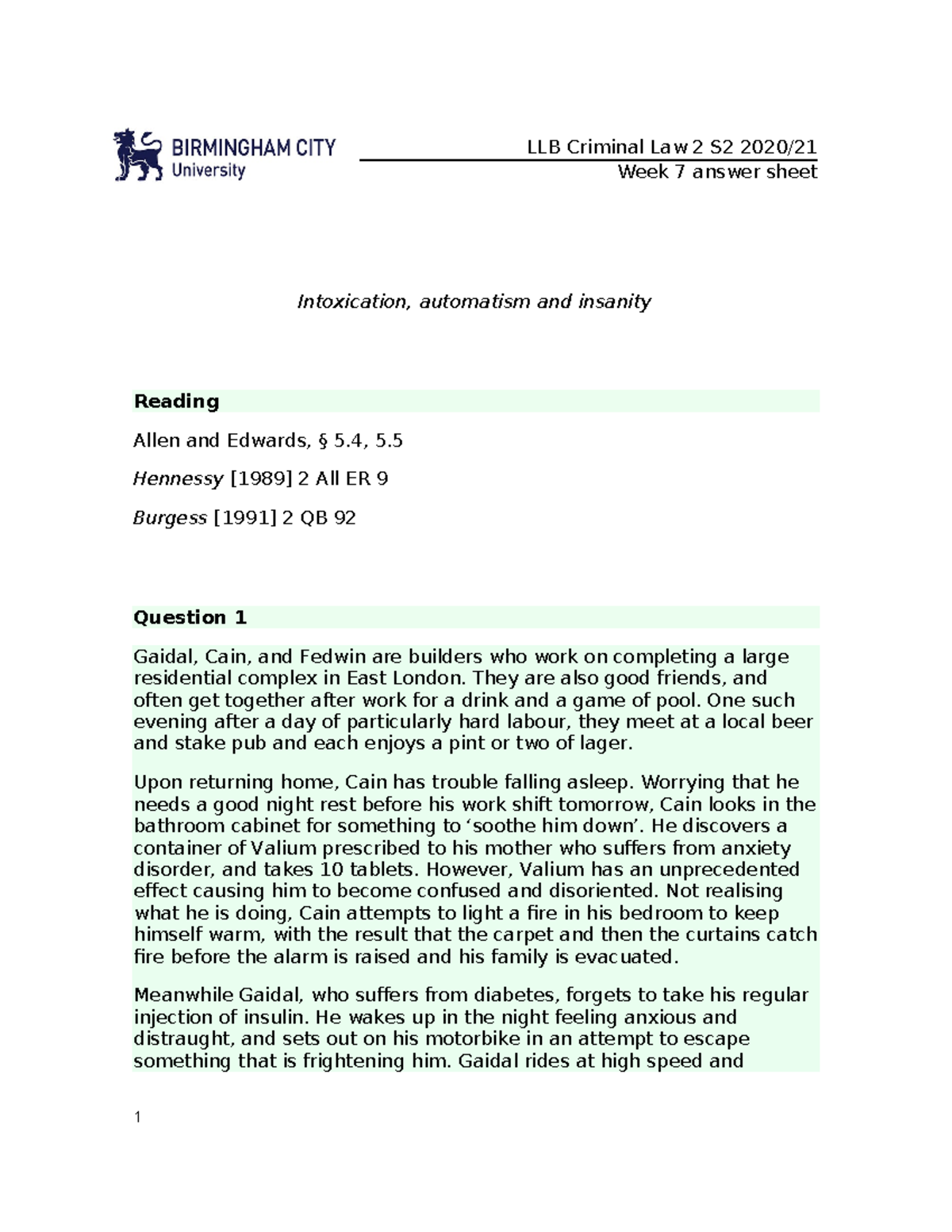 Intoxication automatism answer sheet - Week 7 answer sheet Intoxication ...