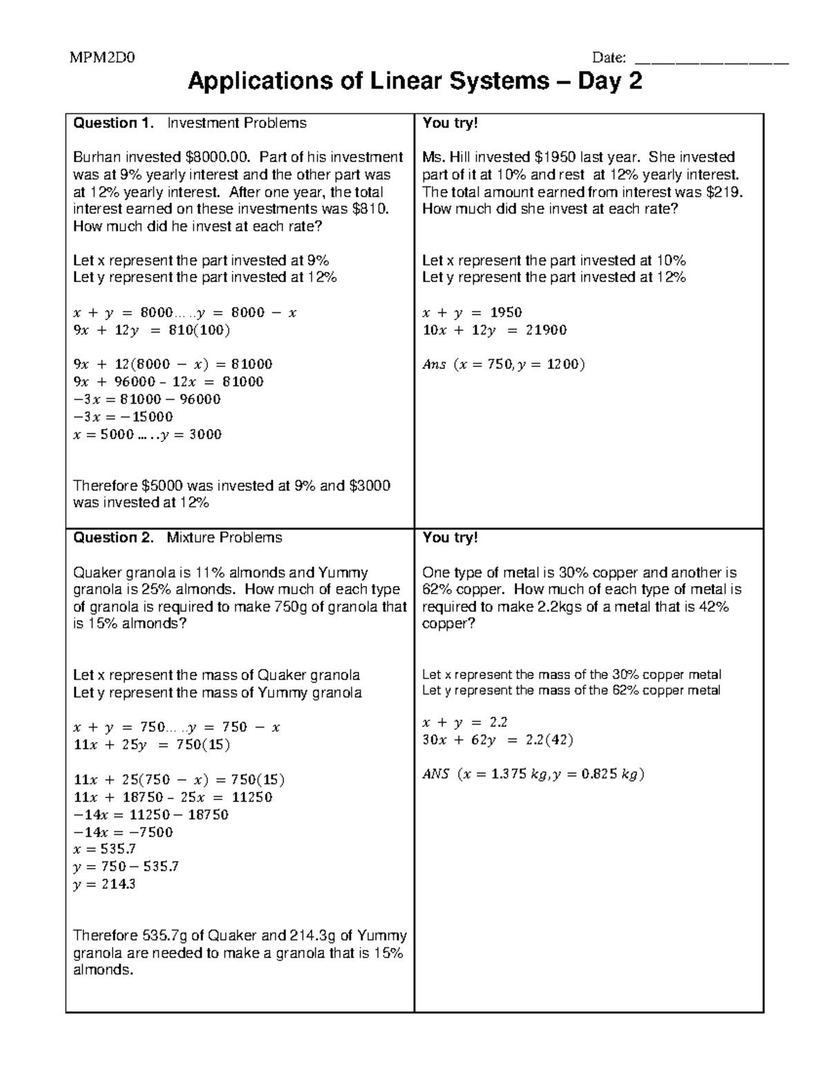 Applications Day 2 - MPM2D0 Date: ___________________ Applications of ...