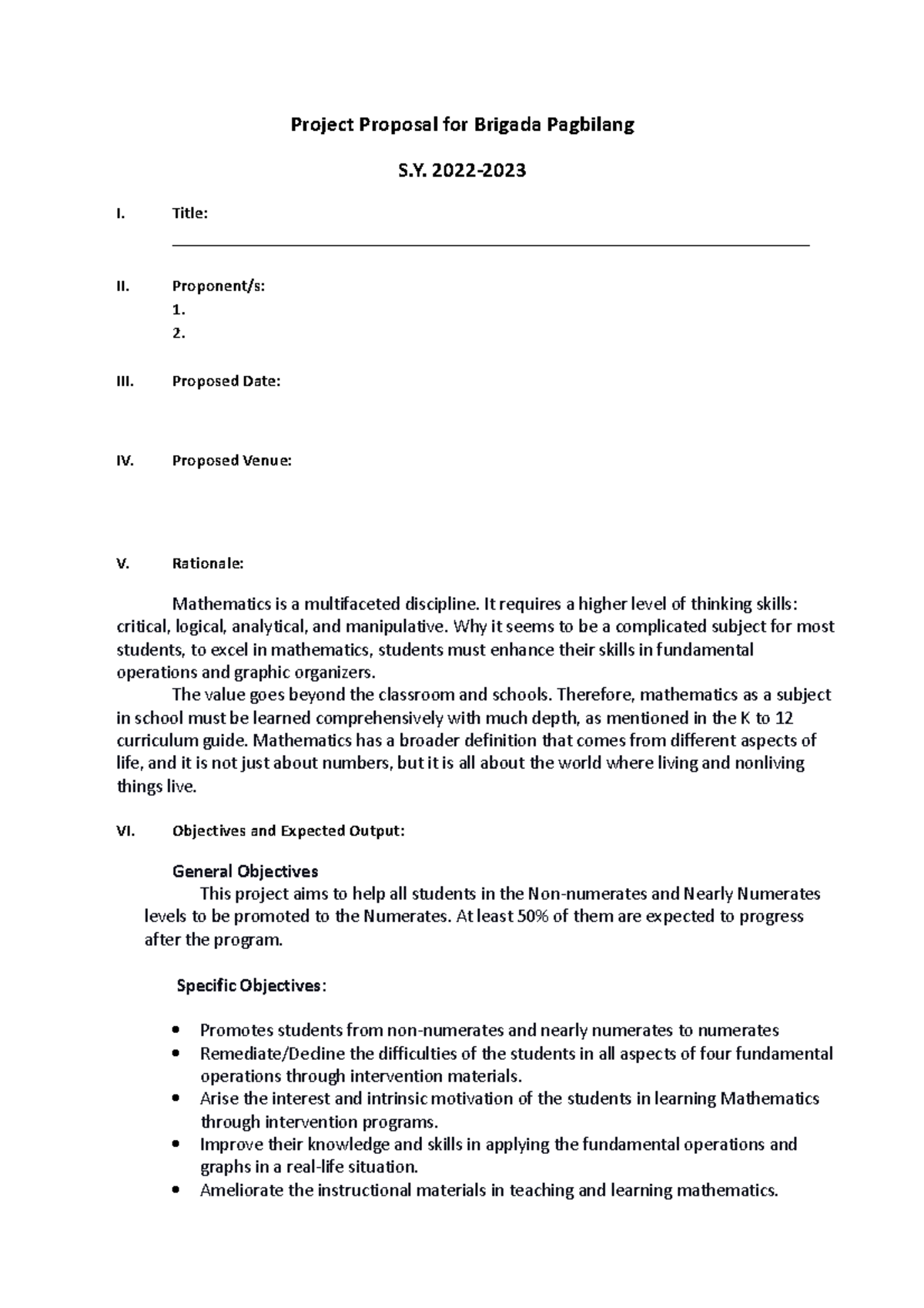 Numeracy Program - Project Proposal for Brigada Pagbilang S. 2022- I ...