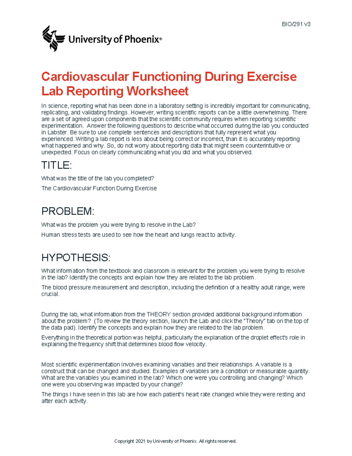 Bio291 v3 wk2 the cardiovascular functioning during exercise lab report - BIO/291 v ...