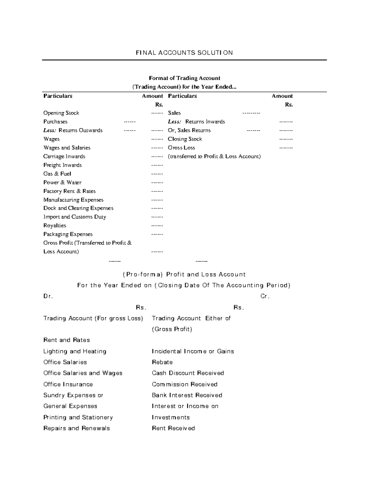 Final Accounts Questions And Answers FINAL ACCOUNTS SOLUTION Format