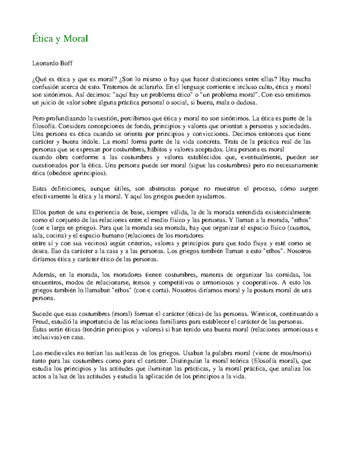 S2 Lectura Ética Y Moral - Ética y Moral Leonardo Boff ¿Qué es ética y ...