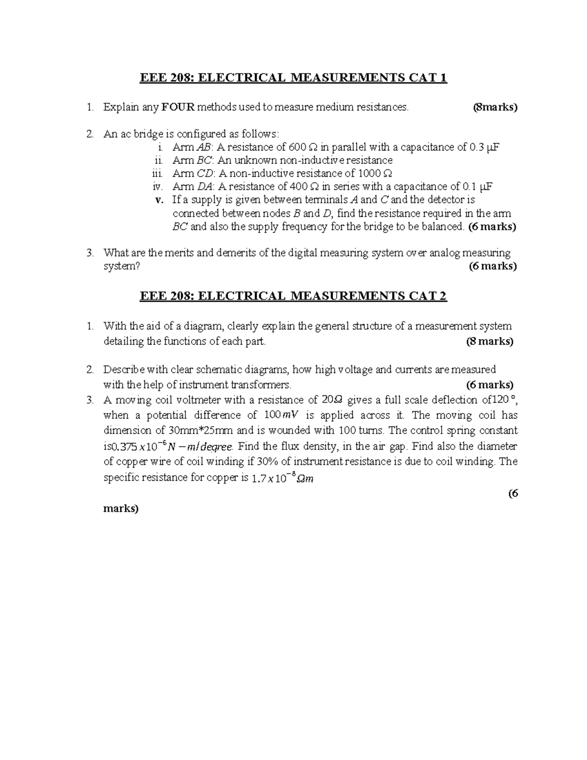 EEE 208 CATS - Take away CAT for 2023/2024 Electrical Measurements ...