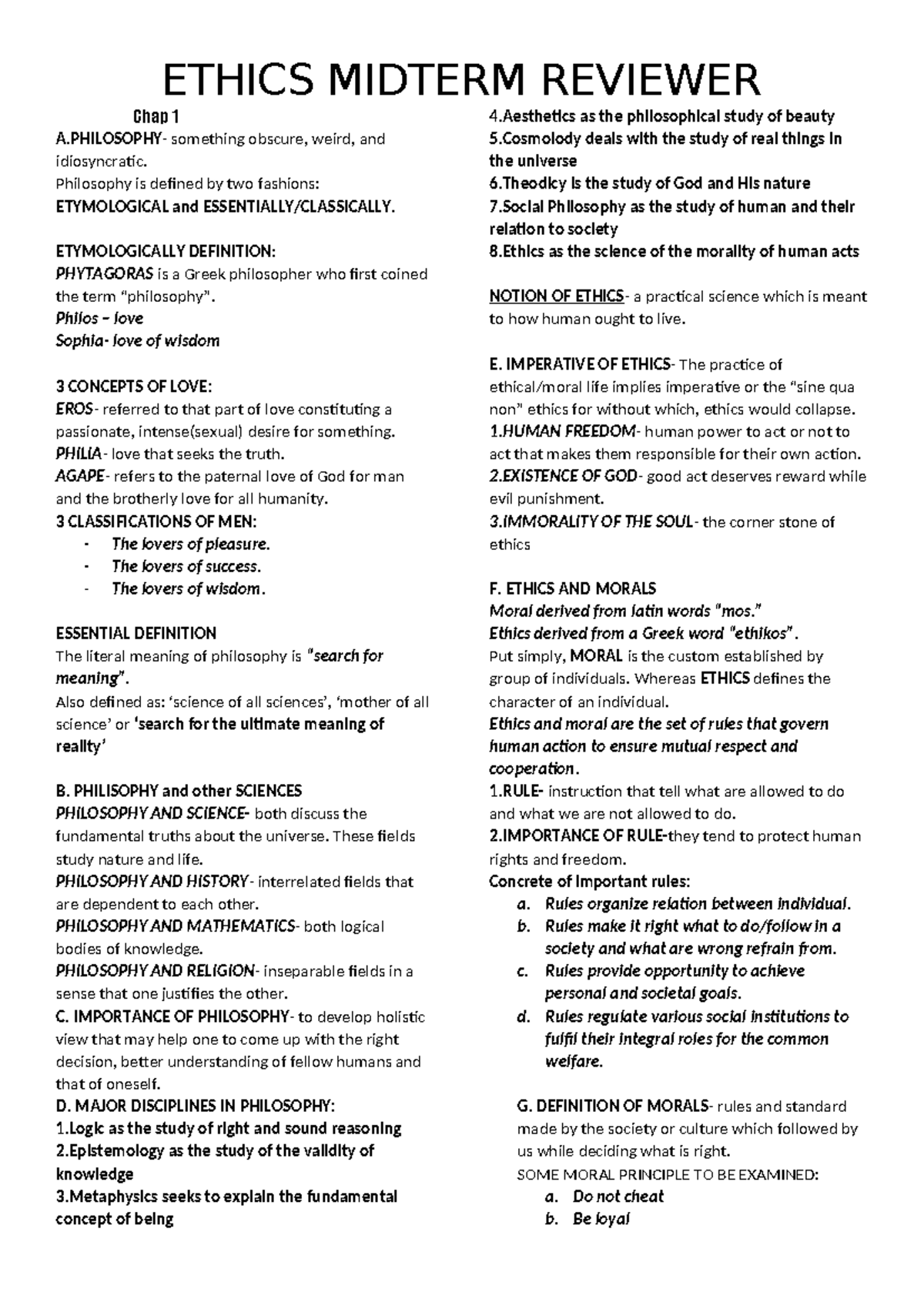 Ethics-Reviewer - Ethics Handouts - ETHICS MIDTERM REVIEWER Chap 1 A- something obscure, weird ...